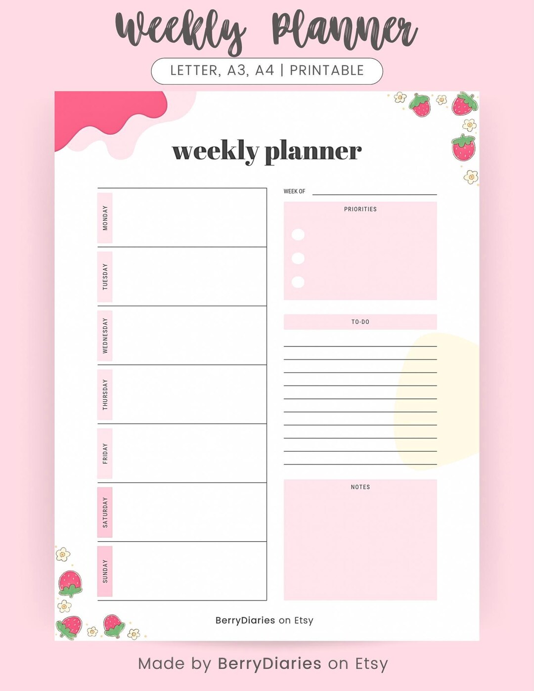 Printable Weekly Checklist 3 in 1 Pink Agenda To-do Planner Undated ...