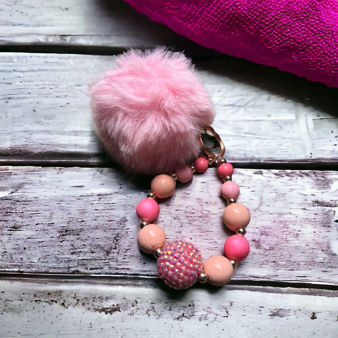 Pink Wood Beaded Wristlet Keychain With Pom Pom Unique Gifts, Key Ring ...