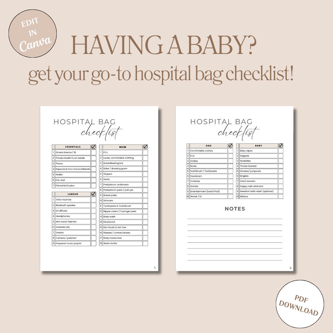 Hospital Bag Checklist for Labour and Postnatal, Checklist Template ...