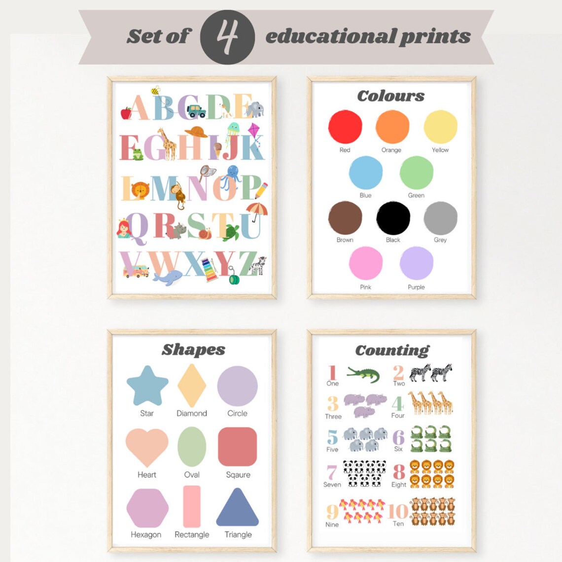 Set of 4 Educational Posters, Alphabet, Counting, Shapes, Colours ...
