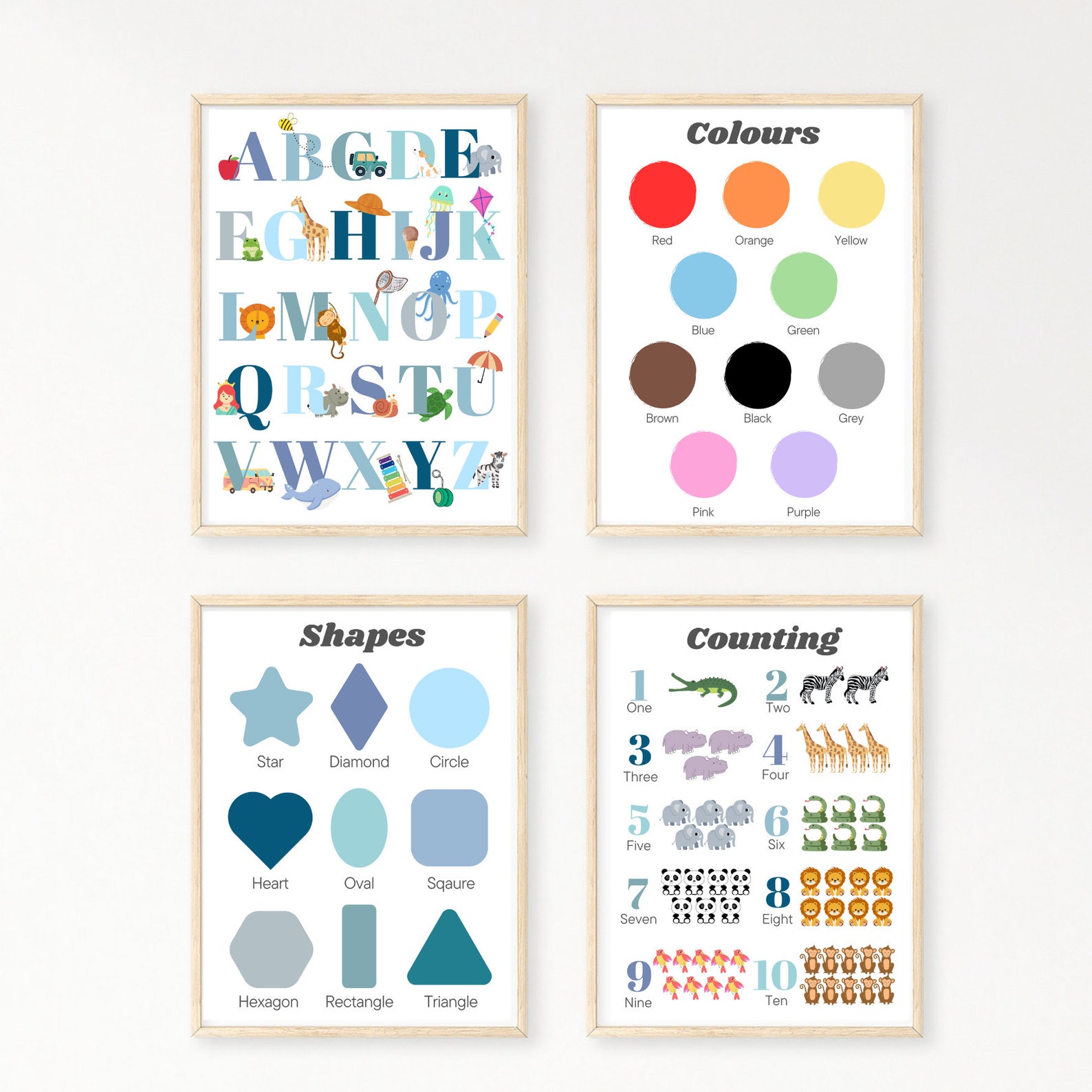 Set of 4 Educational Posters, Alphabet, Counting, Shapes, Colours ...