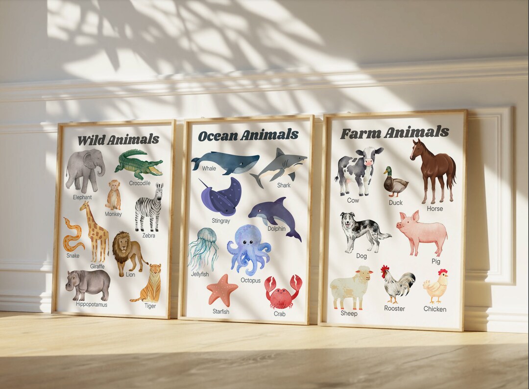 Set of 3 Educational Animal Prints, Farm Animals, Ocean Animals, Wild ...