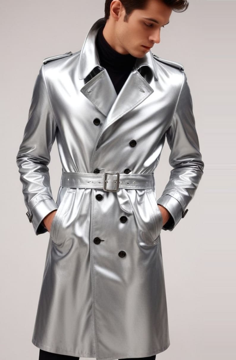Handmade Men Leather Silver Trench Coat-genuine Leather Gothic Long ...