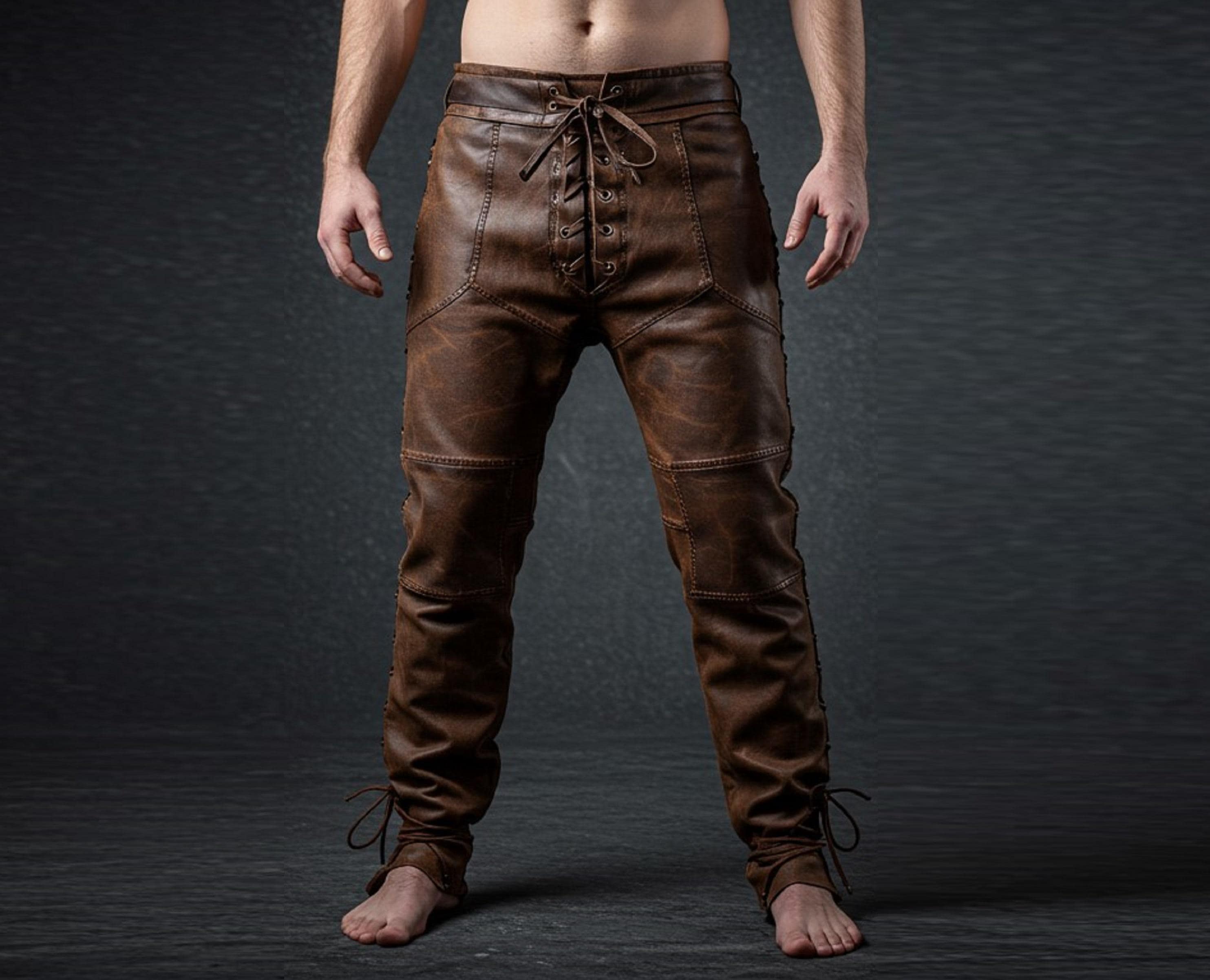 Men’s Brown Leather Lace-up Pants | Viking Renaissance LARP Trousers ...