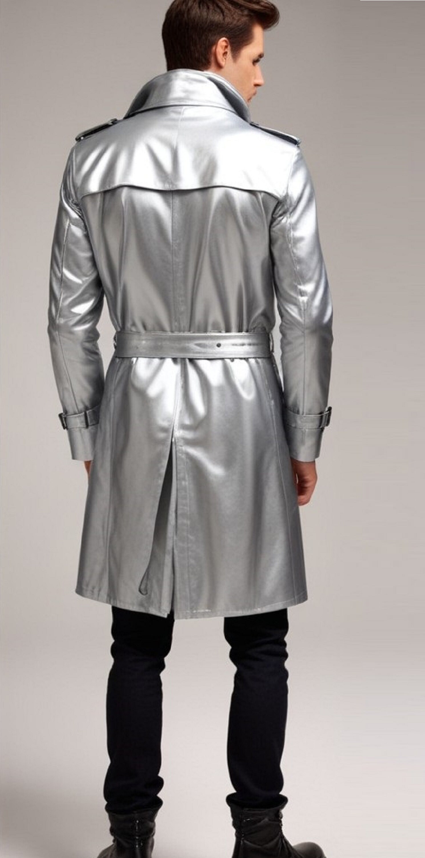 Handmade Men Leather Silver Trench Coat-genuine Leather Gothic Long ...