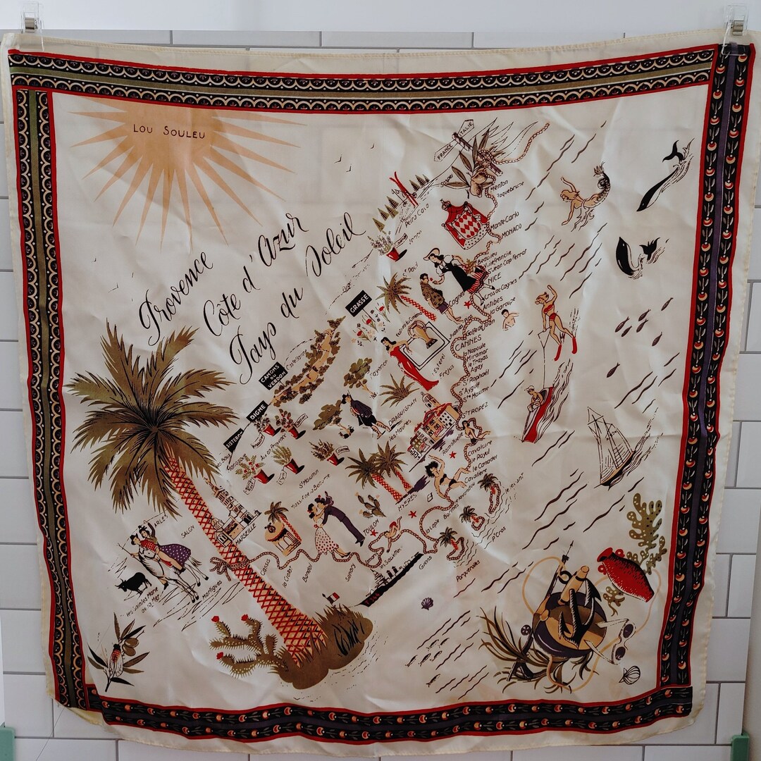 Vintage 1950s French Riviera Map Scarf Cote D'azur Souvenir - Etsy