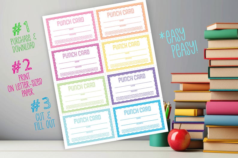 Reward Punch Card Printable, Student Prize Card, 10 Punch Card, Rainbow ...
