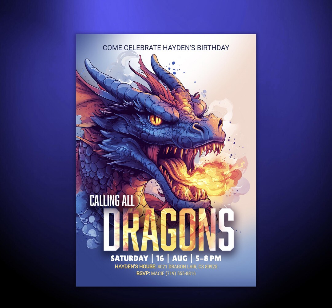 Dragon Birthday Invitation, Realistic Dragon Invitation for Older Kids ...