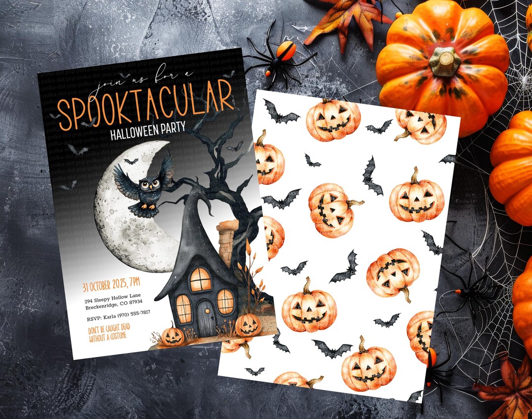 Spooktacular Halloween Party Invitation, Bats, Pumpkins (5x7 Inches ...
