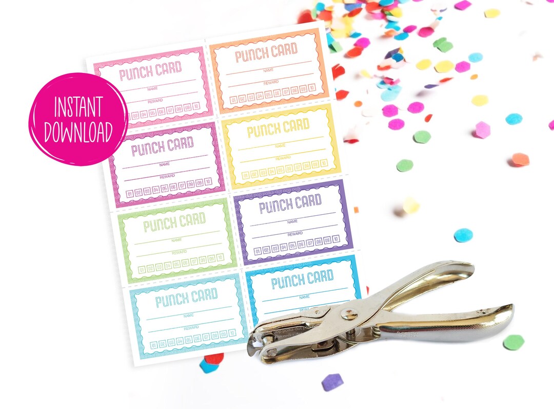 Reward Punch Card Printable, Student Prize Card, 10 Punch Card, Rainbow ...