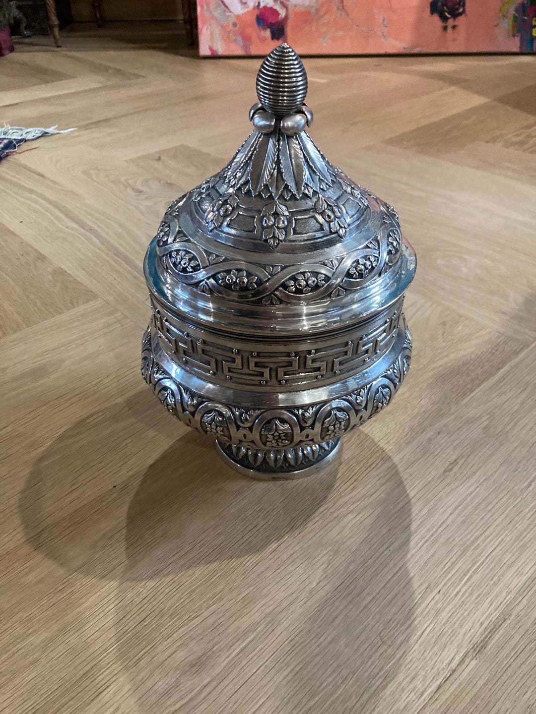 Antique Silver Covered Urn – Repoussé Greek Key Fruit Foliage ...