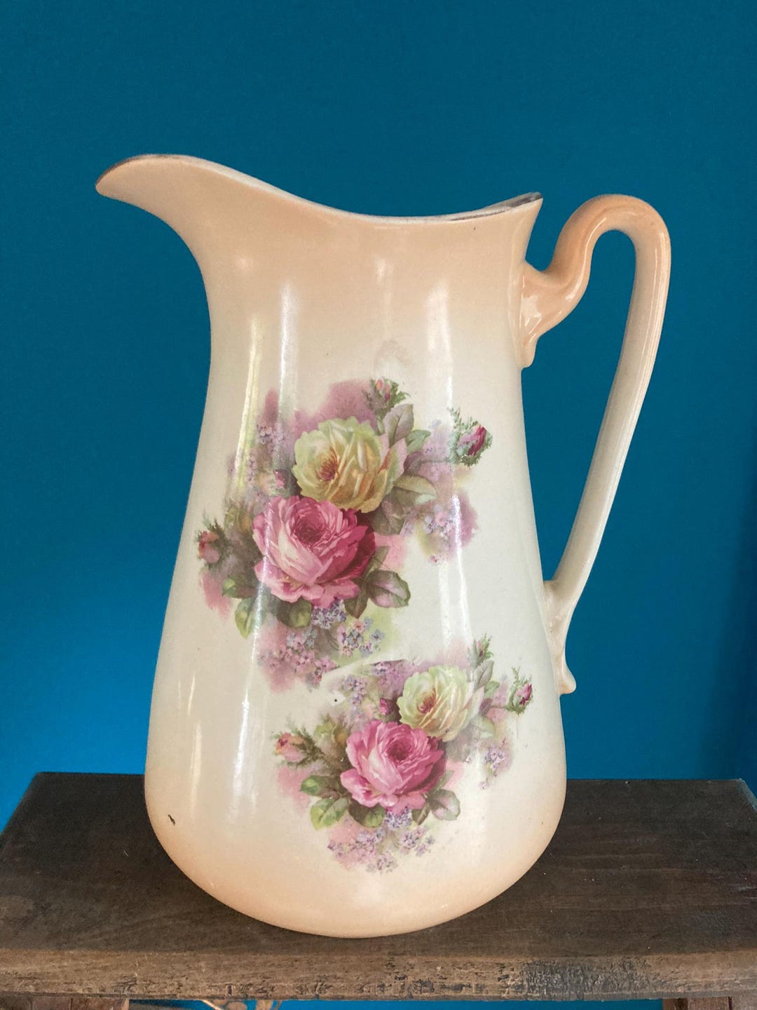 Antique Tall China Pitcher With Pink Roses and Gold Trim 11'' - Etsy