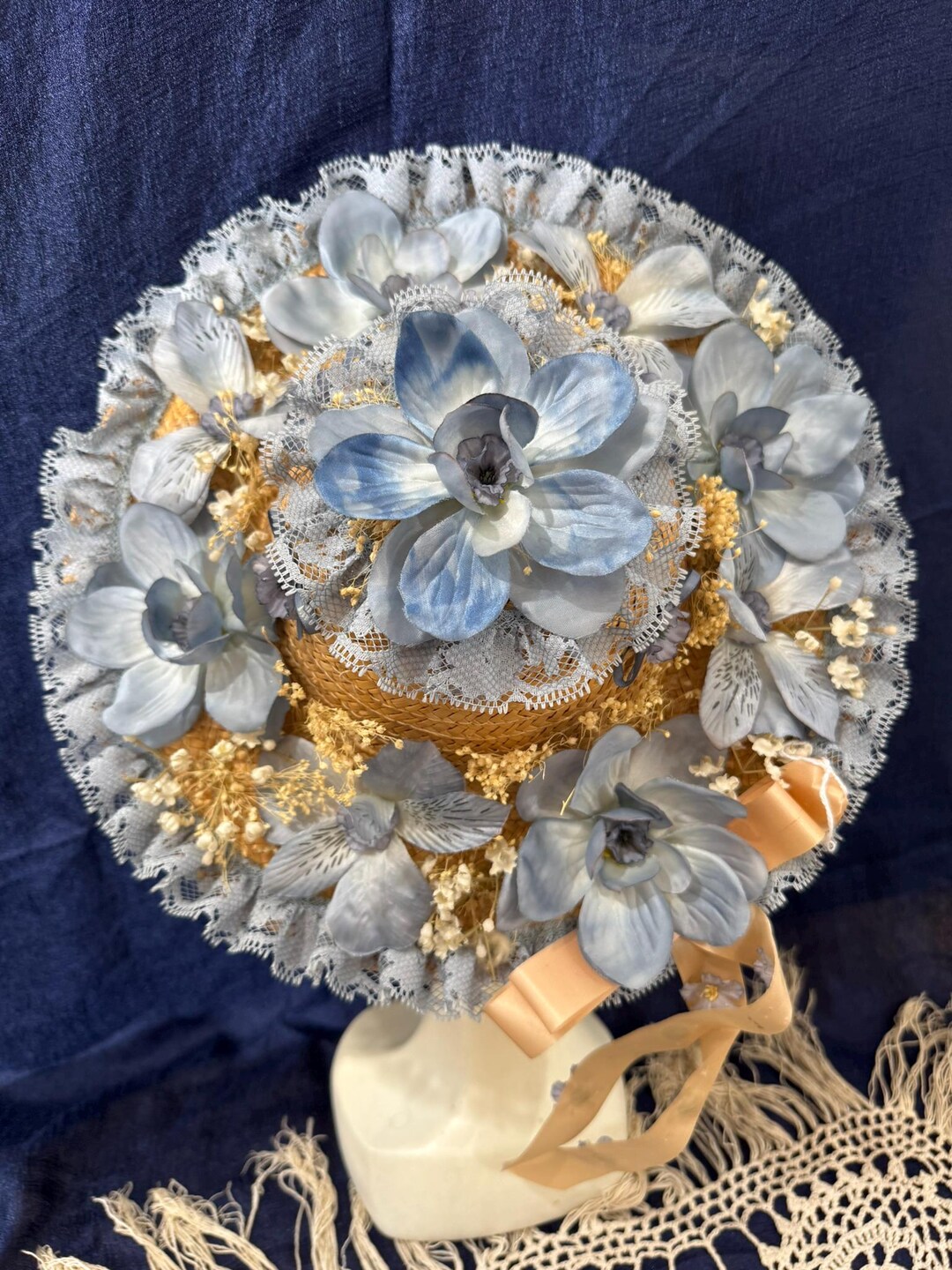 Vintage Natural Straw Hat Blue Flowers Gray Lace Victorian Style Bonnet ...