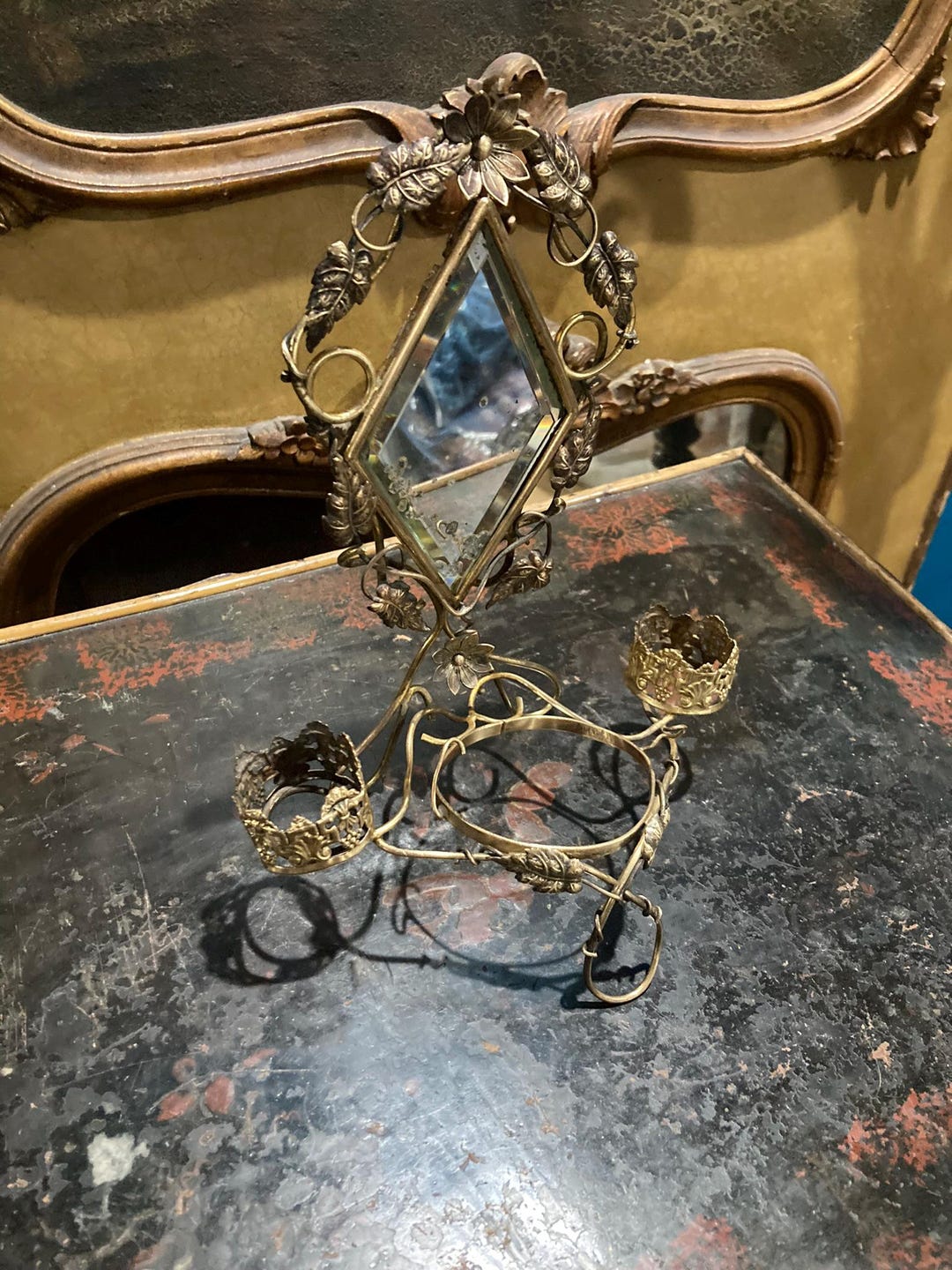 Amazing Antique French Toleware Jewellery /trinket Stand, Mirror ...