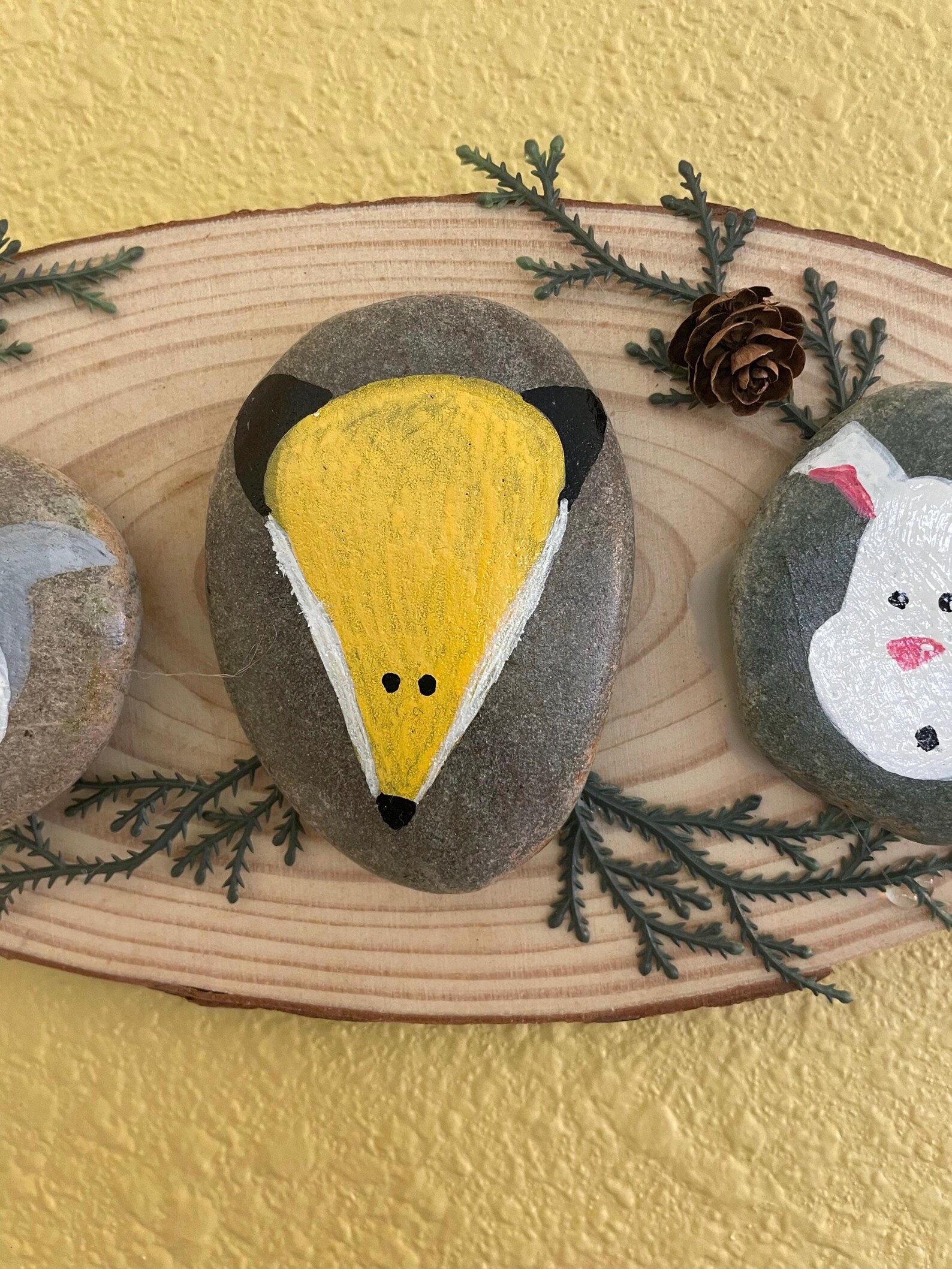 Hand Painted Rock Display on Wood Plaque, Owl, Fox, Rabbit - Etsy