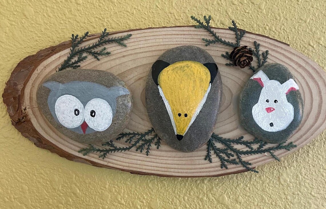 Hand Painted Rock Display on Wood Plaque, Owl, Fox, Rabbit - Etsy