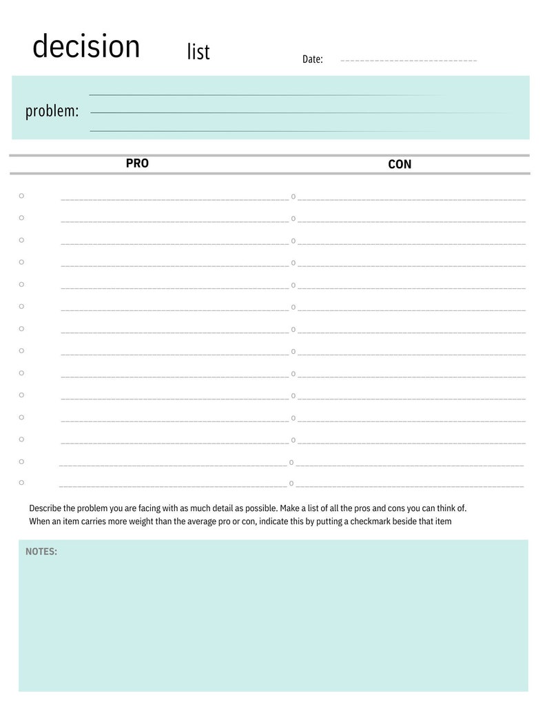 Pros and Cons List for Decision-making - Etsy