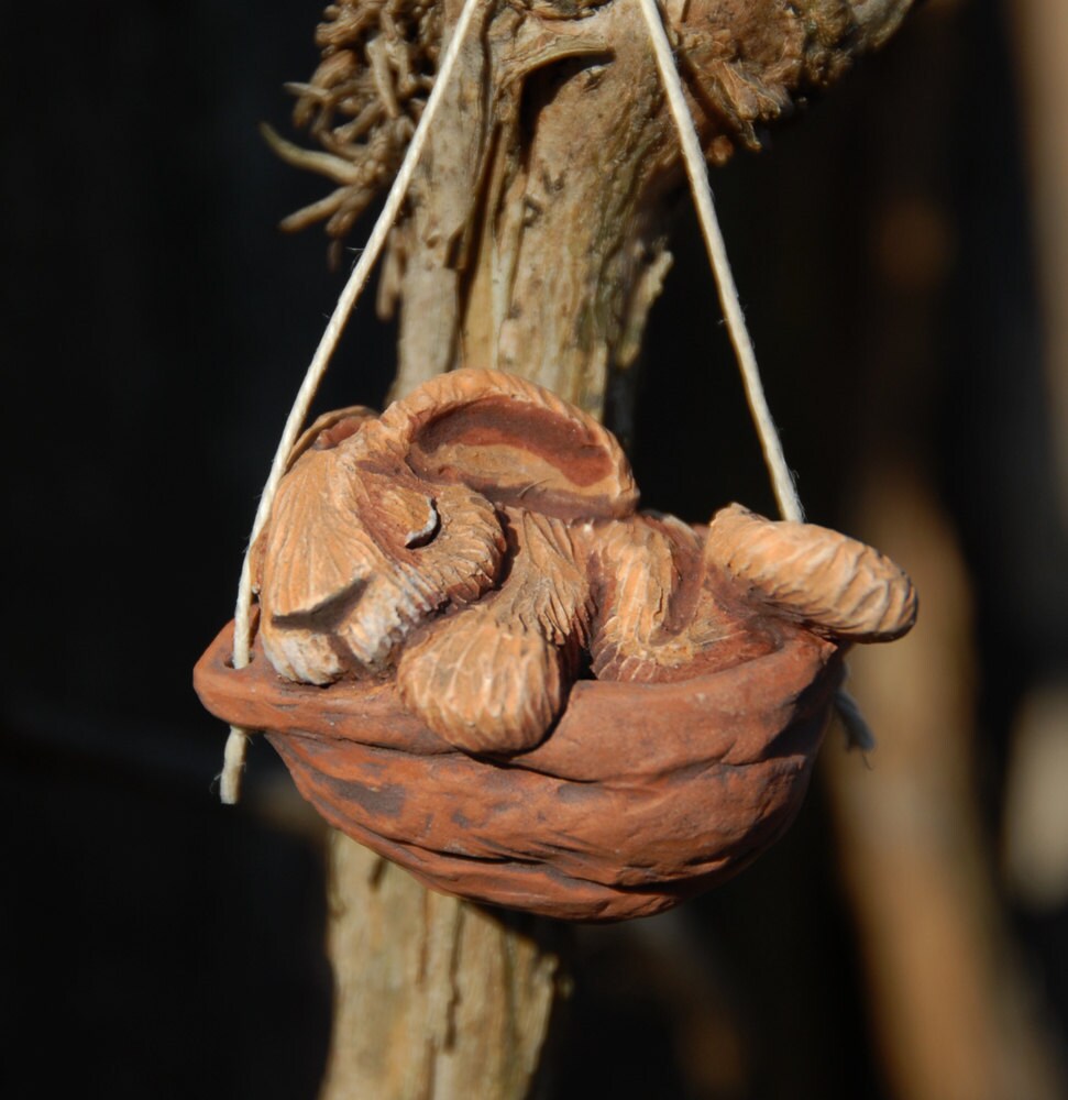 Sleeping Rabbit Walnut Ornament | Etsy