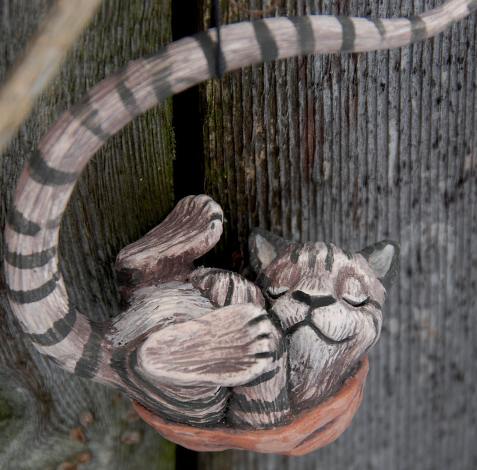 Sleeping Tabby Cat Walnut Ornament | Etsy