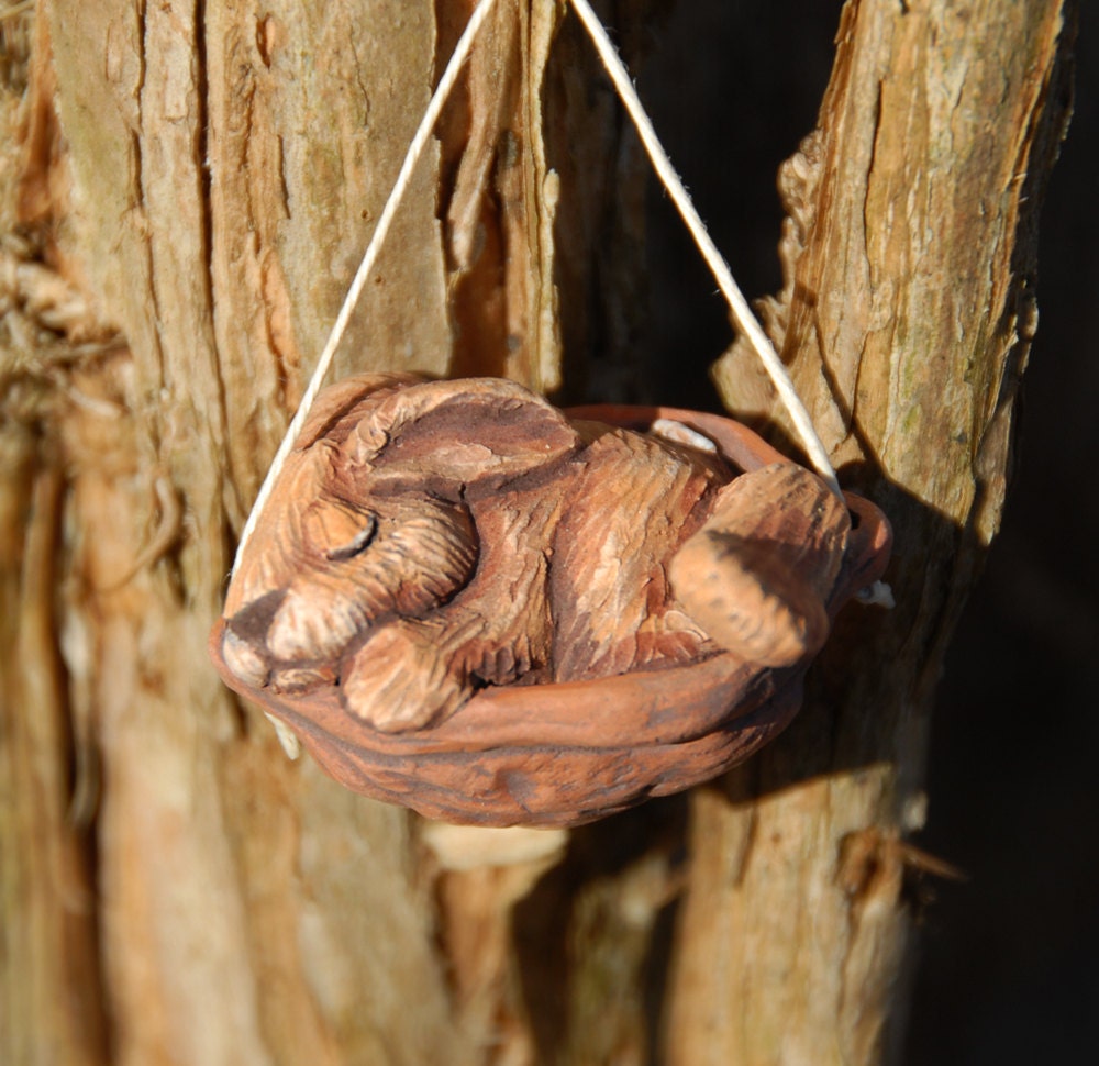 Sleeping Rabbit Walnut Ornament | Etsy