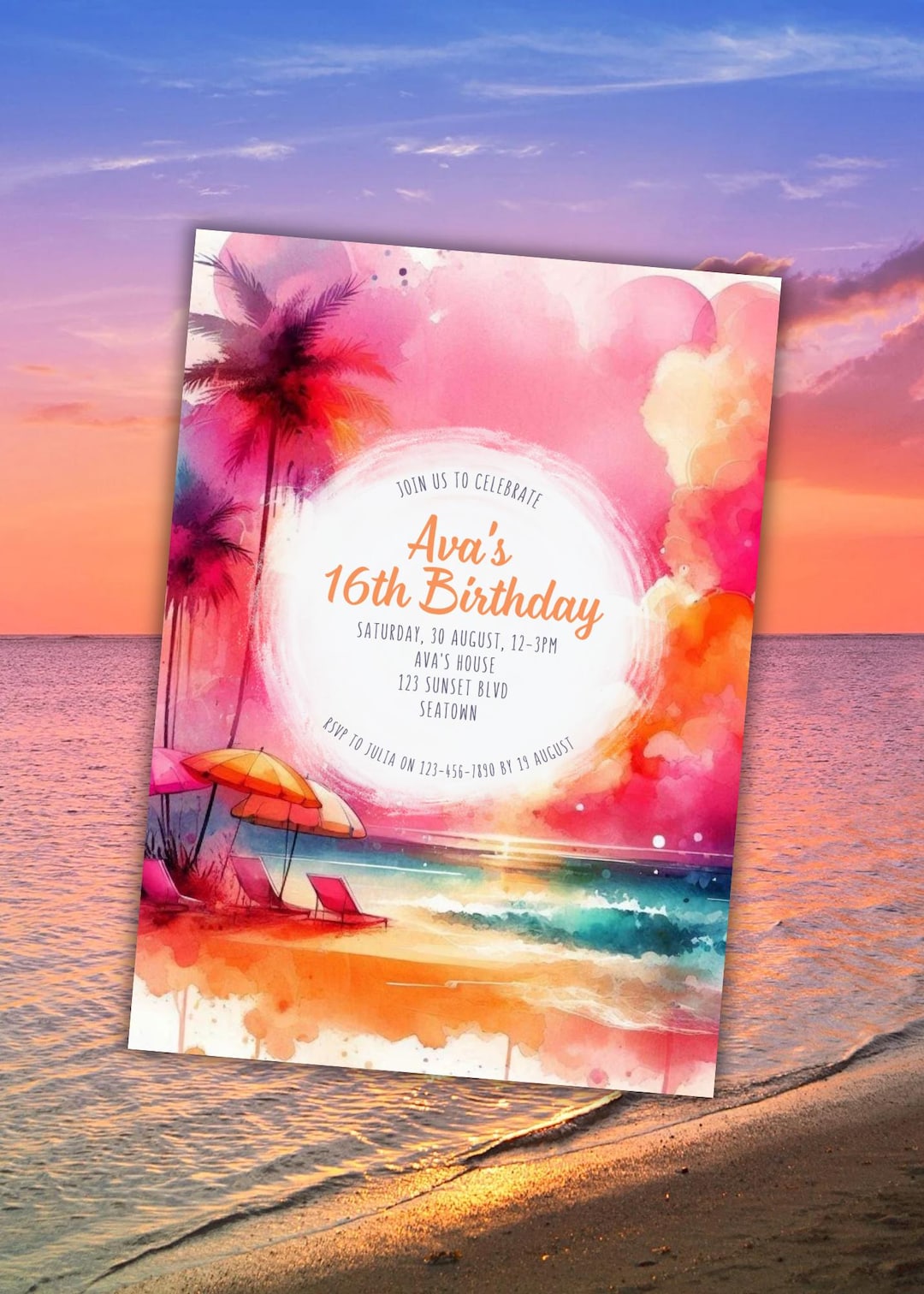 Bold Beach Sunset Invitation | Editable Pink & Orange Party Invite ...