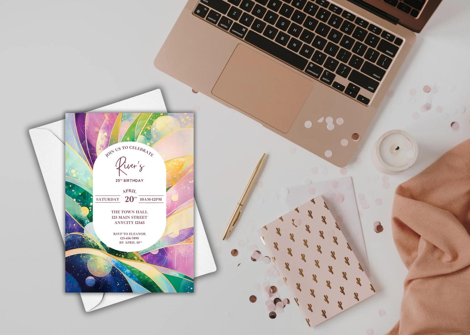 Abstract Watercolor Birthday Invitation: Gold Foil Geometric Template ...