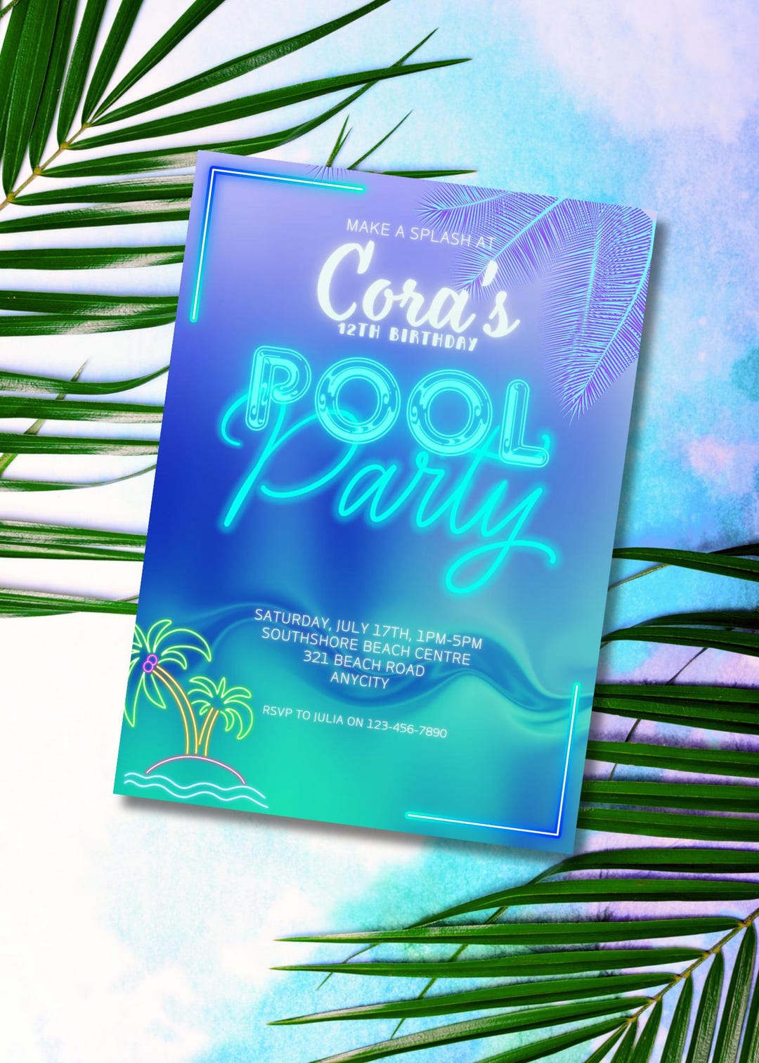 Neon Beach Pool Party Invitation | Editable Bold & Fun Invite | Digital ...