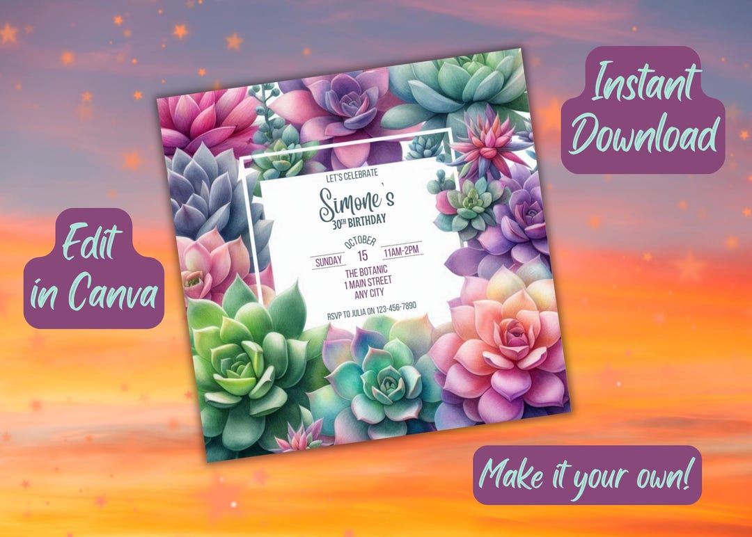 Succulent Birthday Invitation | Editable Floral Canva Template (instant ...
