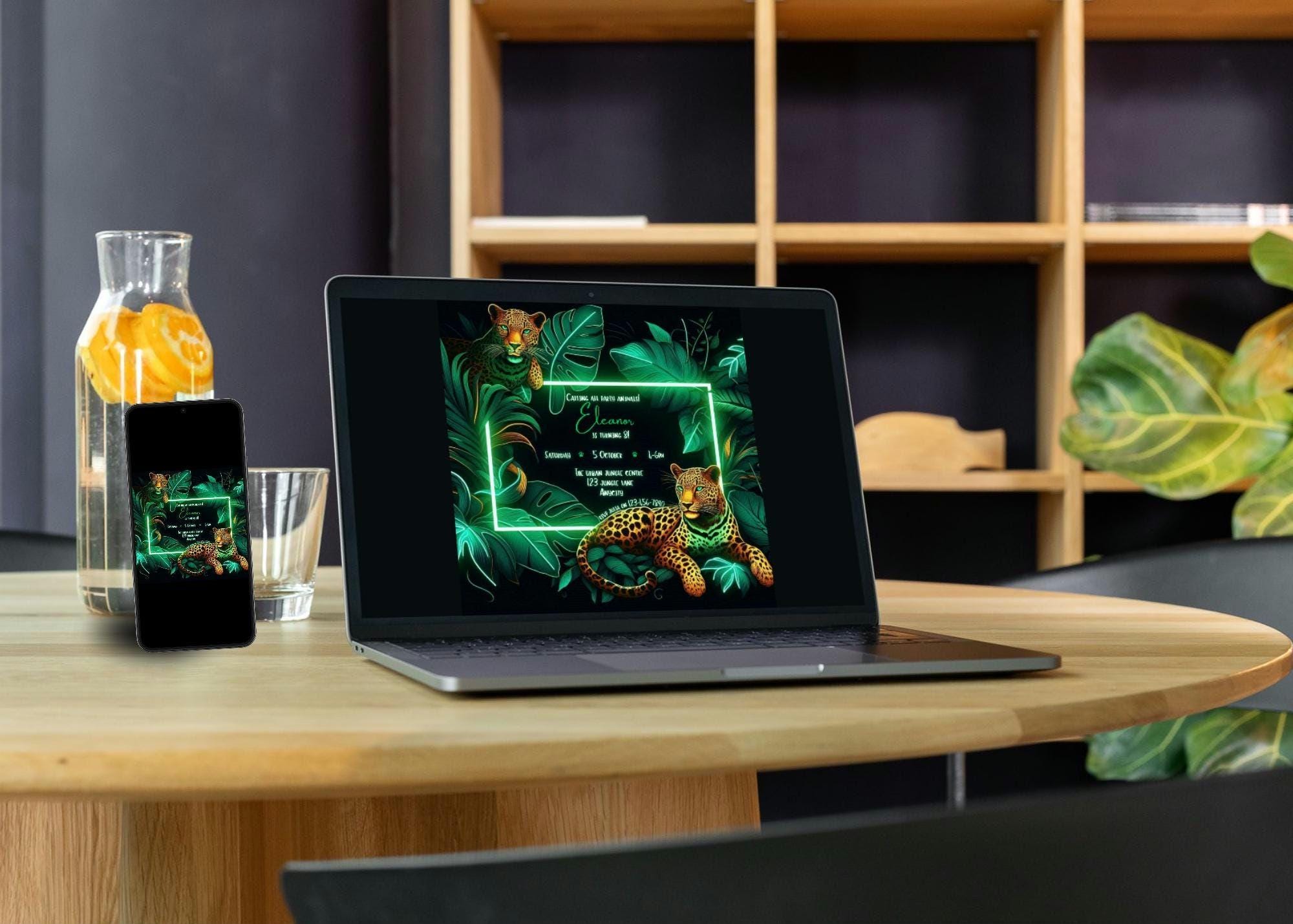 Neon Jungle Leopard Party Invitation | Bold Green Customizable Digital ...