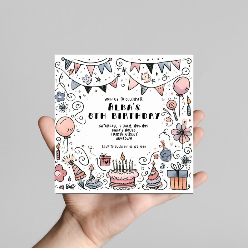 Customizable Pastel Doodle Invitation Template - Hand-drawn Digital ...