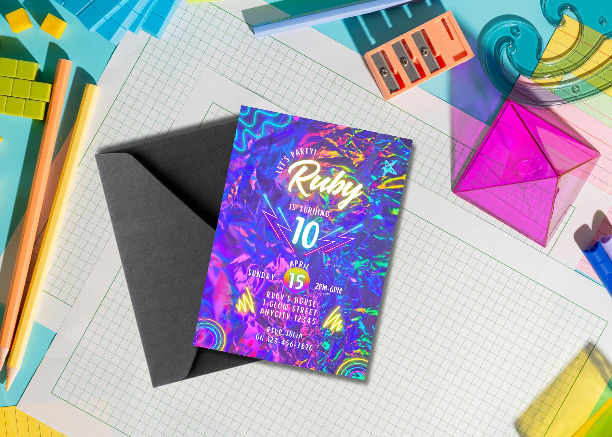 Neon Glow Birthday Party Invitation | Custom Digital Template ...