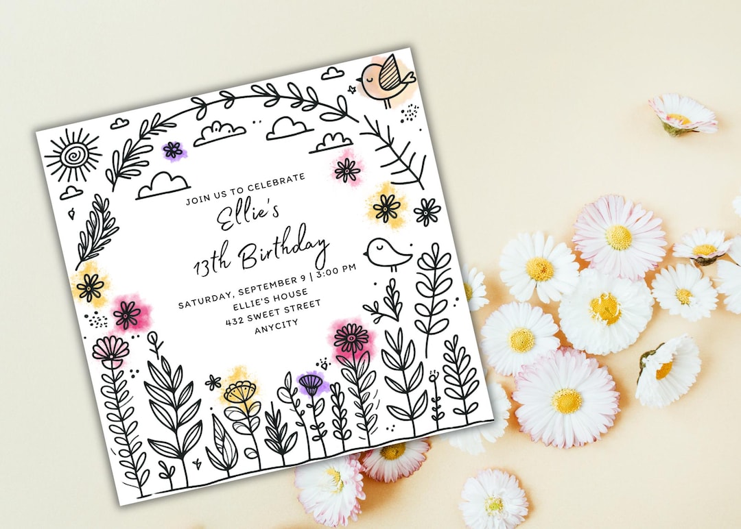 Whimsical Nature Doodle Invitation | Editable Party Invite | Digital ...