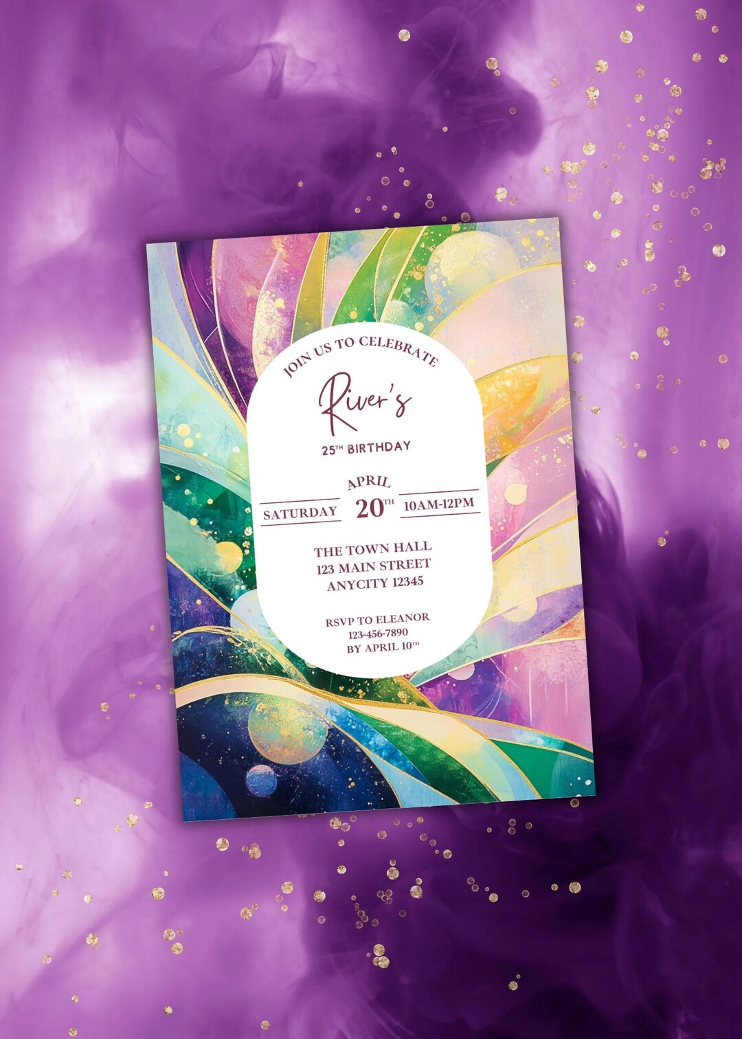 Abstract Watercolor Birthday Invitation: Gold Foil Geometric Template ...
