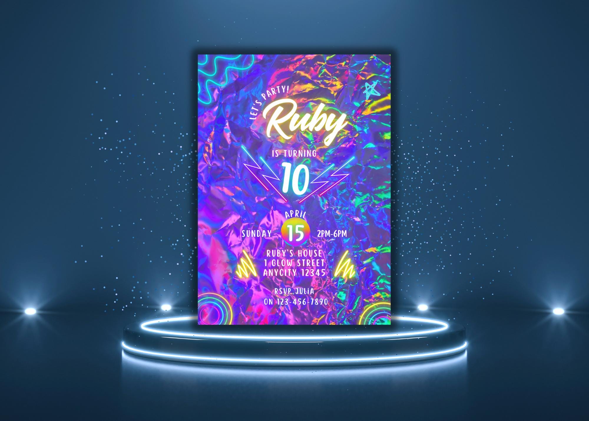 Neon Glow Birthday Party Invitation | Custom Digital Template ...