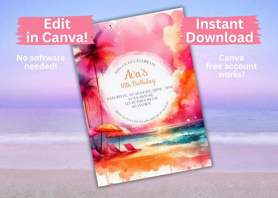 Sunset Beach Birthday Invitation | Tropical Editable Template | Instant ...