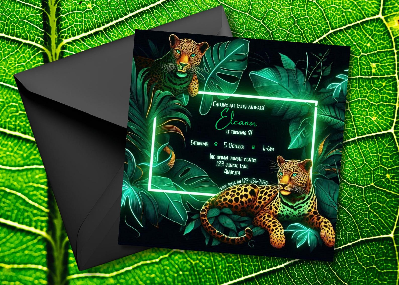 Neon Jungle Leopard Party Invitation | Bold Green Customizable Digital ...