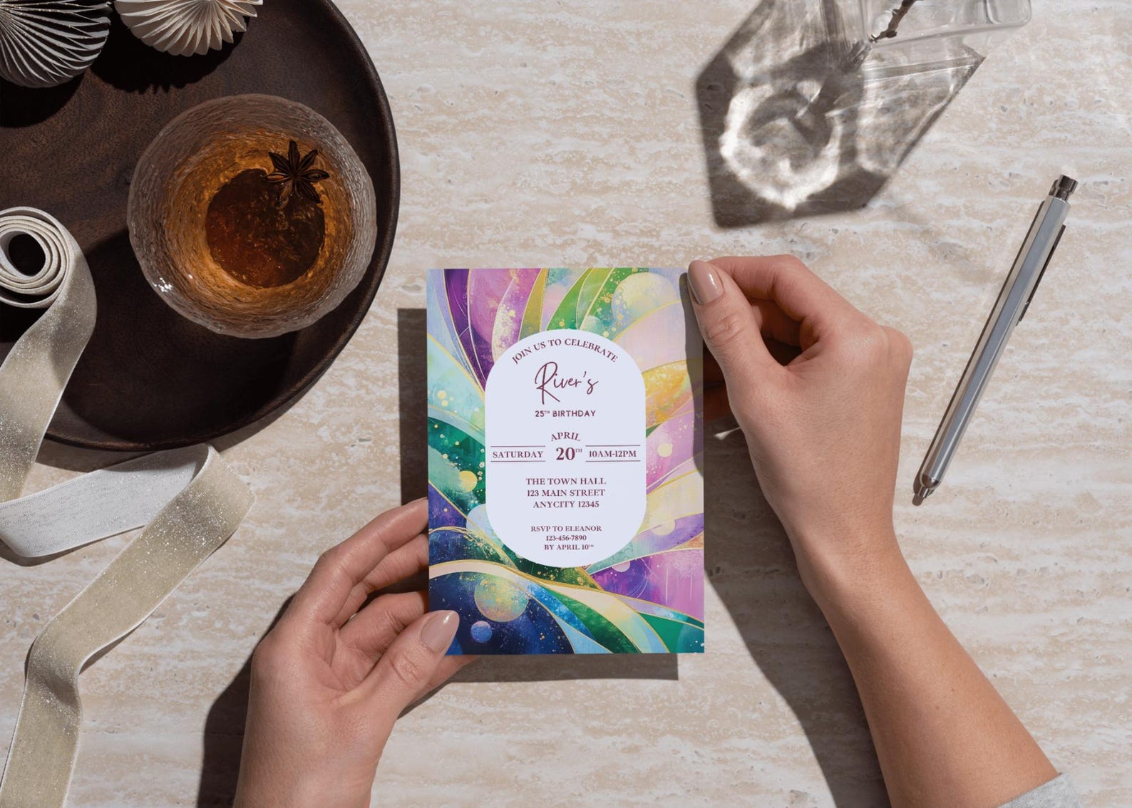 Abstract Watercolor Birthday Invitation: Gold Foil Geometric Template ...