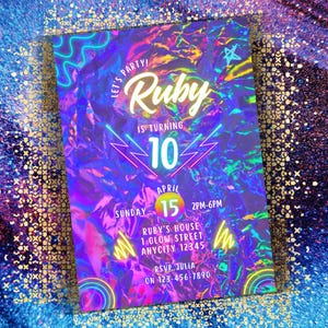 Neon Glow Birthday Party Invitation | Custom Digital Template ...