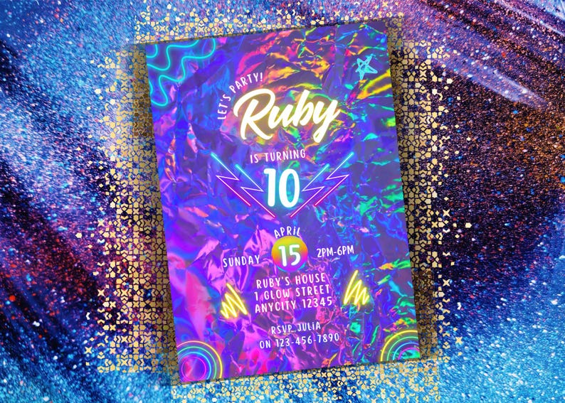 Neon Glow Birthday Party Invitation | Custom Digital Template ...