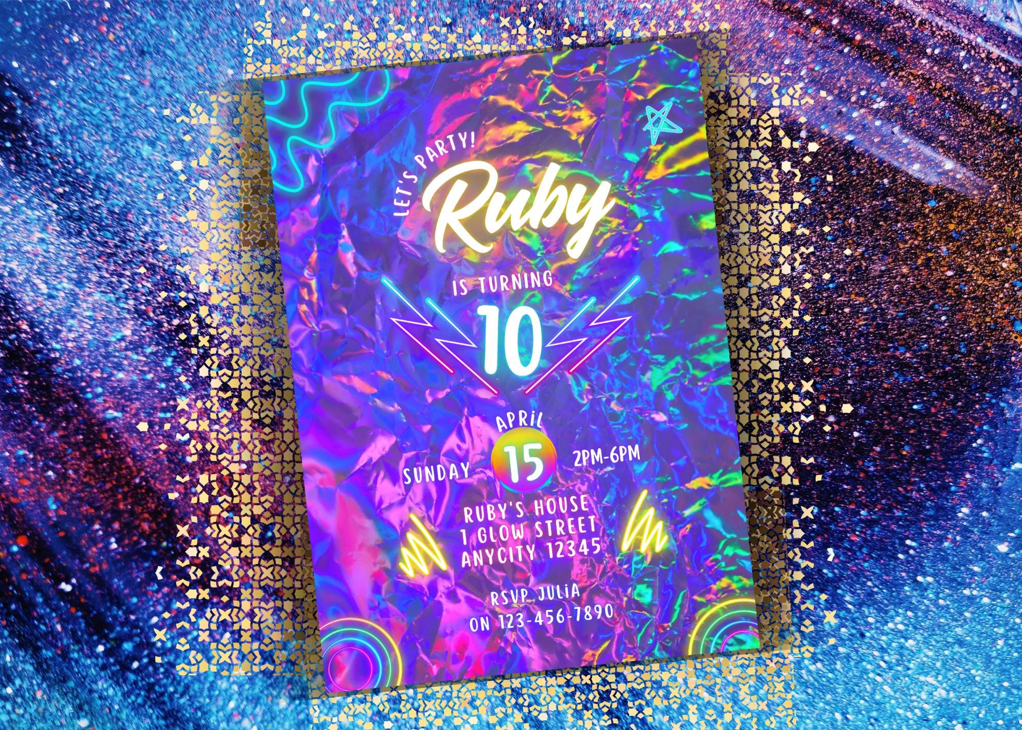 Neon Glow Birthday Party Invitation | Custom Digital Template ...