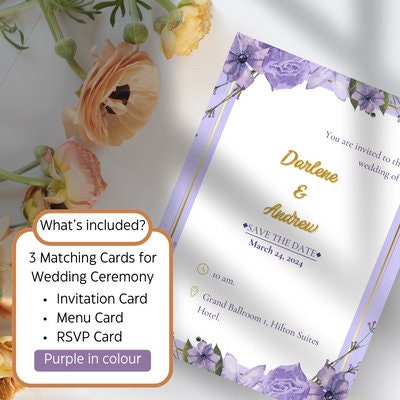 Purple Wedding Invitation Card, Printable Wedding Invitation Card ...