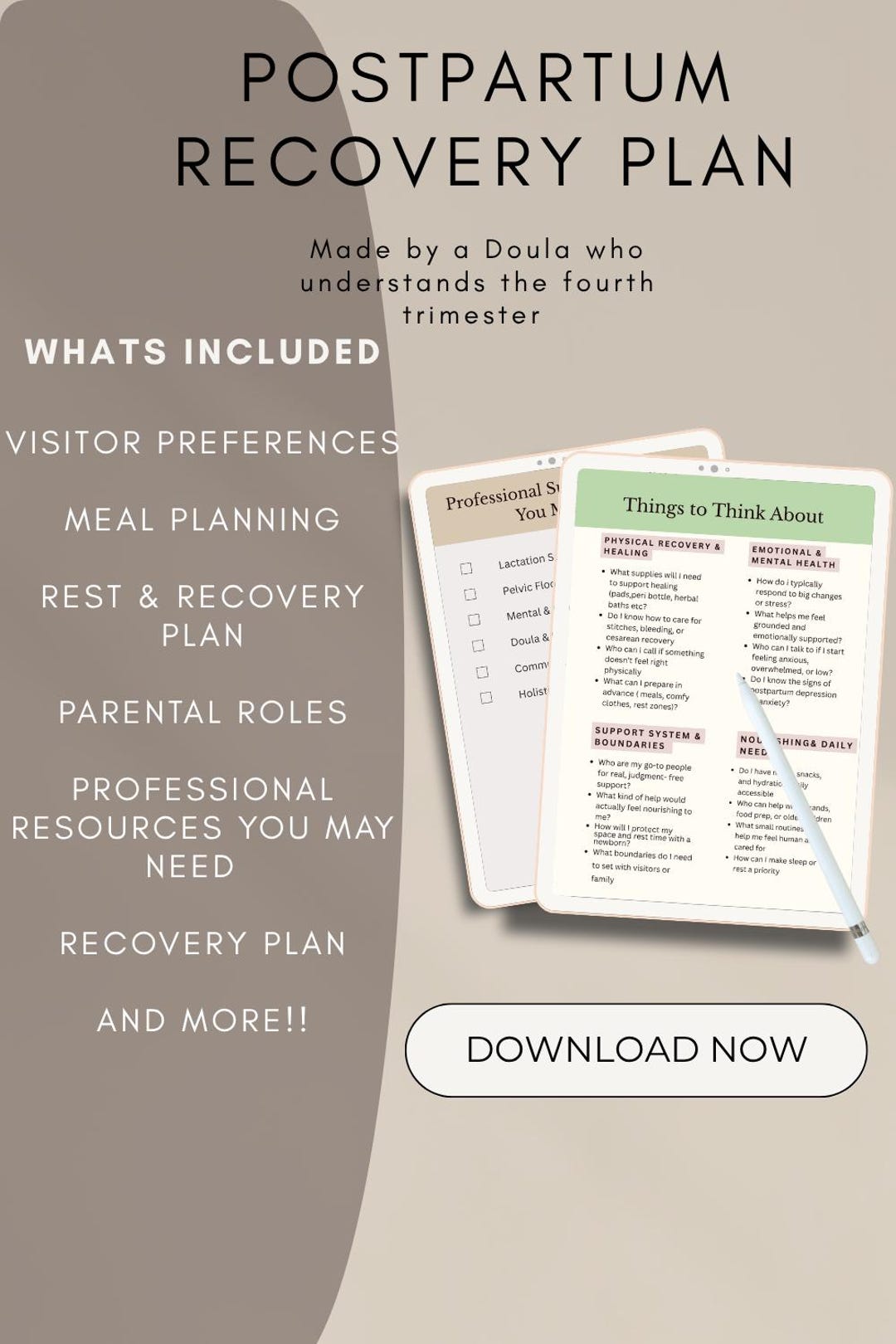 Postpartum Plan Template | Digital Printable for New Moms | Recovery, Baby Care & Support ...
