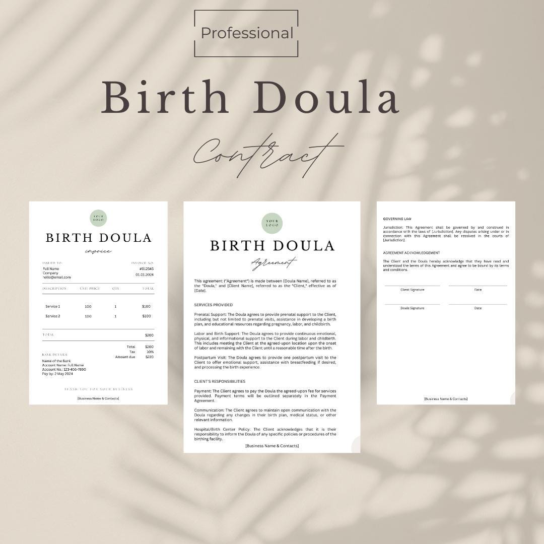 Doula Contract & Invoice Template | Editable Client Agreement for Birth and Postpartum Doulas ...