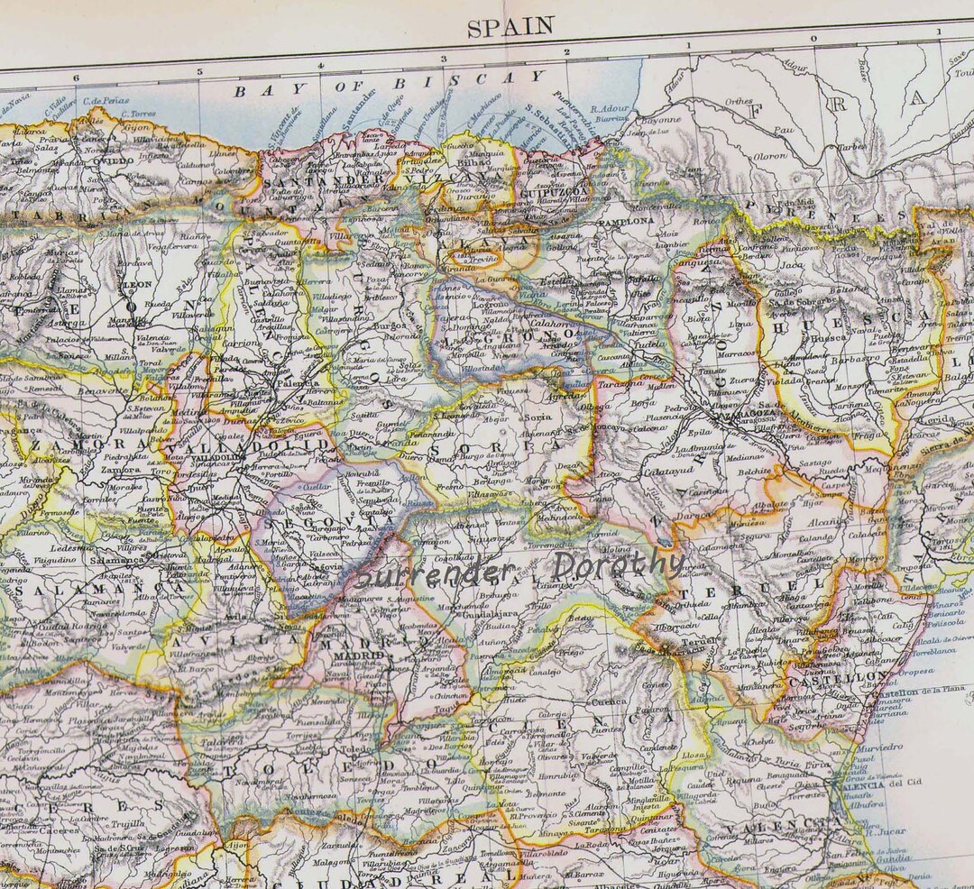 Spain Map Large Antique Copper Engraving 1892 Vintage Victorian ...