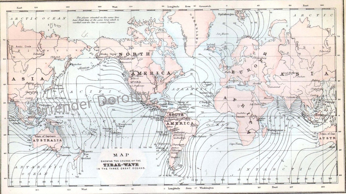 1896 World Map Showing Tidal Waves Vintage Victorian Era - Etsy