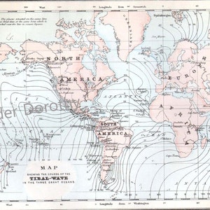 1896 World Map Showing Tidal Waves Vintage Victorian Era Copper ...