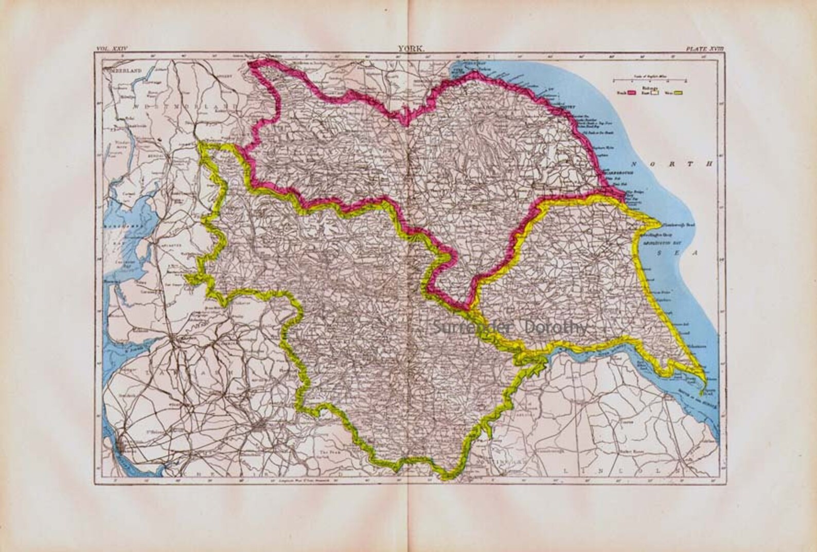 York County England Map Antique Copper Engraving Vintage European ...