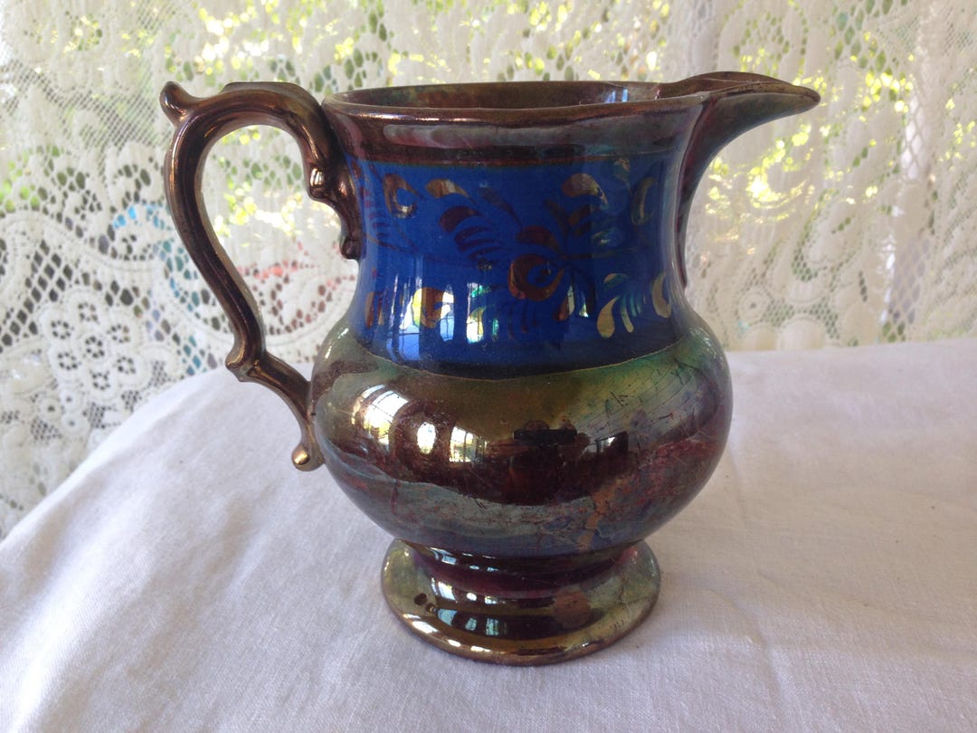 Antique Staffordshire English Copper Luster Ware Pitcher Blue Floral ...