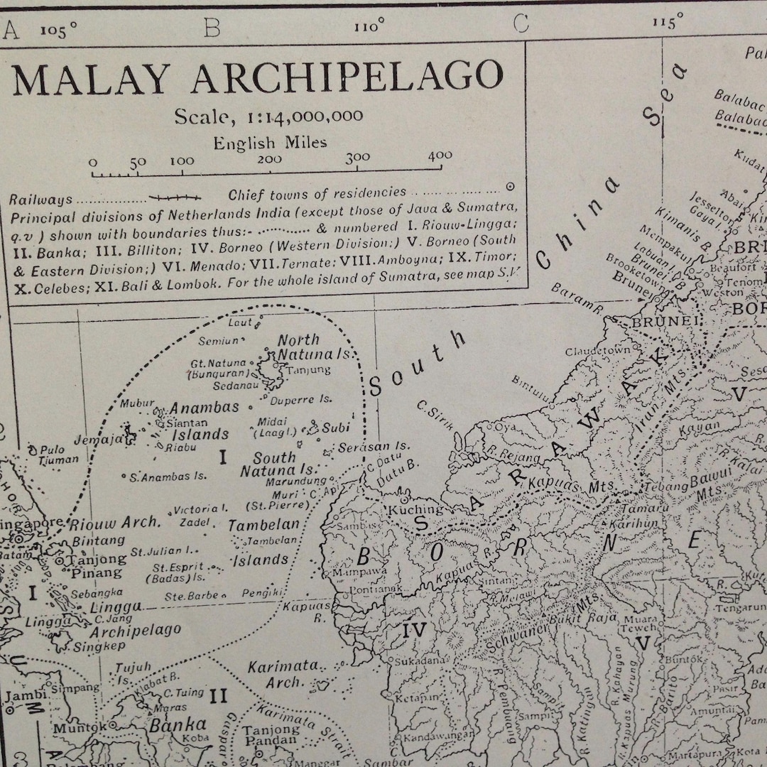 Malay Archipelago Map 1910 Vintage Edwardian Steel Engraving ...
