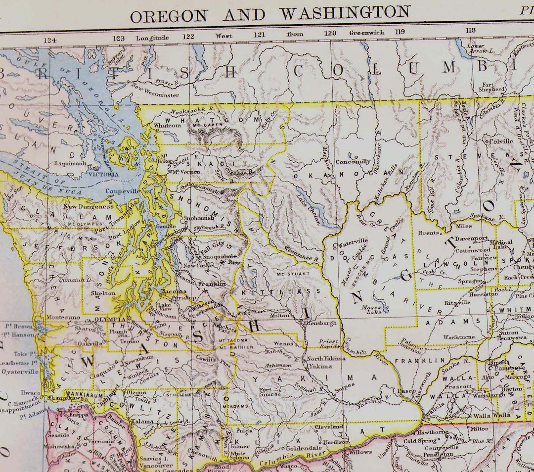 Oregon Washington USA State Map Antique Aquatint Copper Engraved North ...